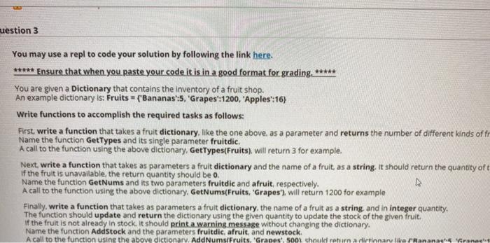 Solved uestion 3 You may use a repl to code your solution by | Chegg.com