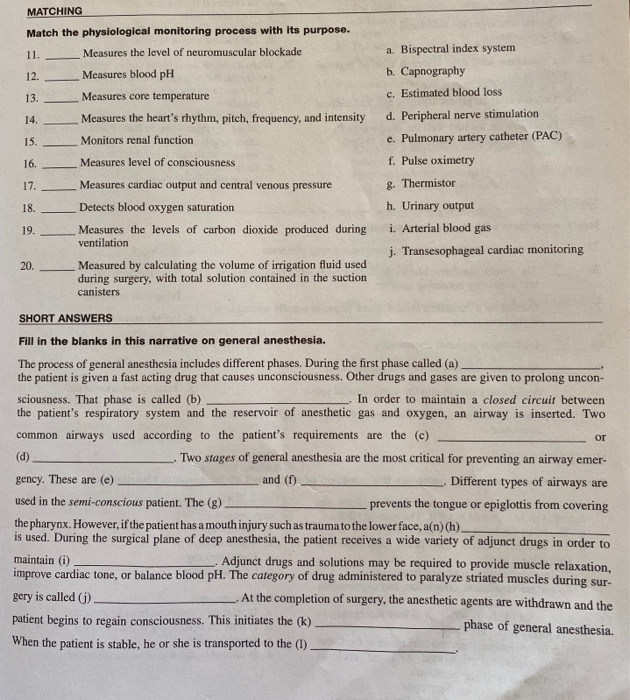 Solved MATCHING Match the physiological monitoring process | Chegg.com