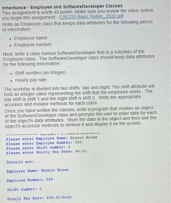 Solved Inheritance - Employee and Software Developer Classes | Chegg.com