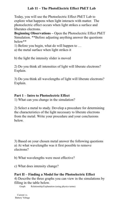 Lab 11 - The PhotoElectric Effect PhET Lab Today, you | Chegg.com