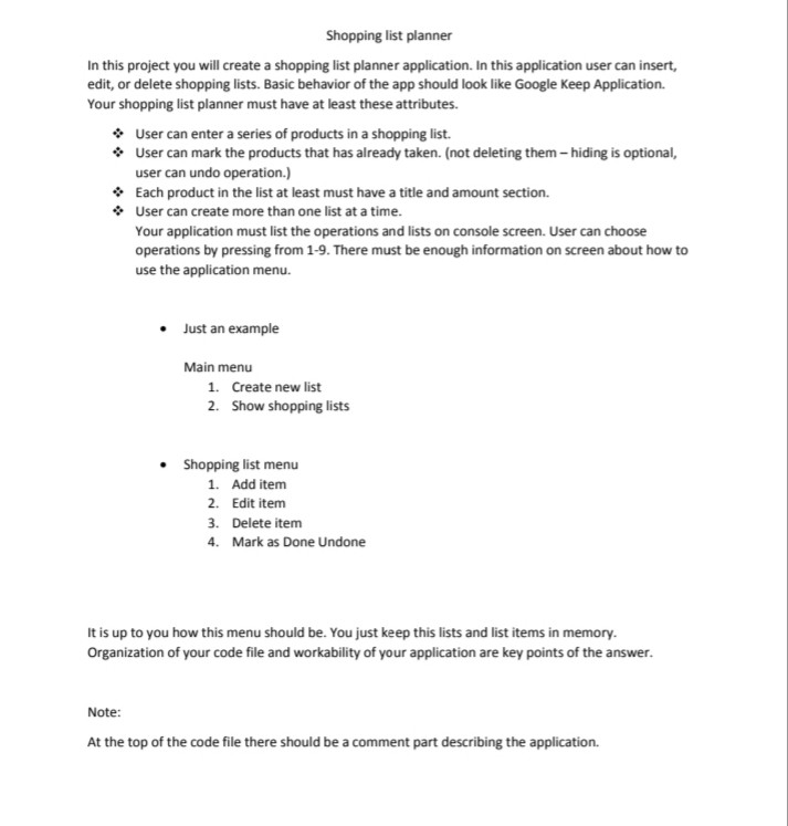 Solved Shopping list planner In this project you will create | Chegg.com