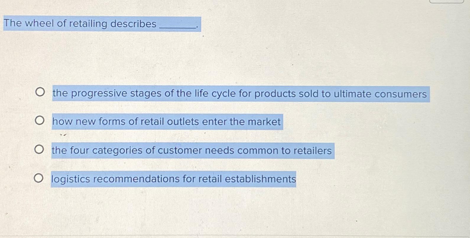 Solved The wheel of retailing describesthe progressive | Chegg.com