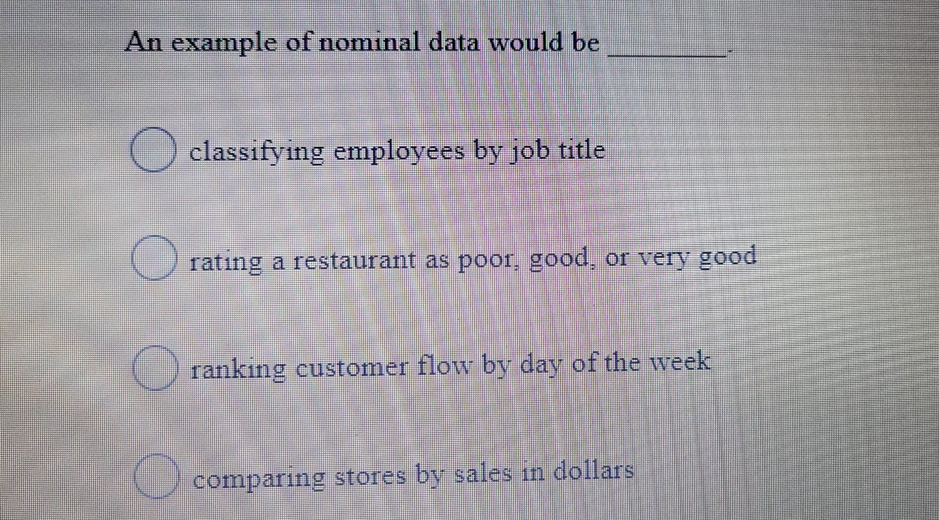 Solved An example of nominal data would be O classifying | Chegg.com