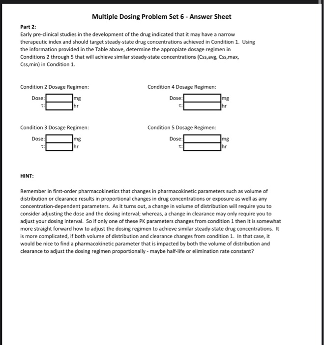 Multiple Dosing Problem Set 6 - Answer Sheet Part 1: | Chegg.com