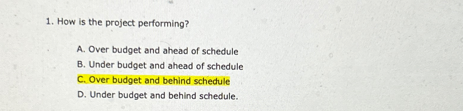 Solved How is the project performing?A. ﻿Over budget and | Chegg.com