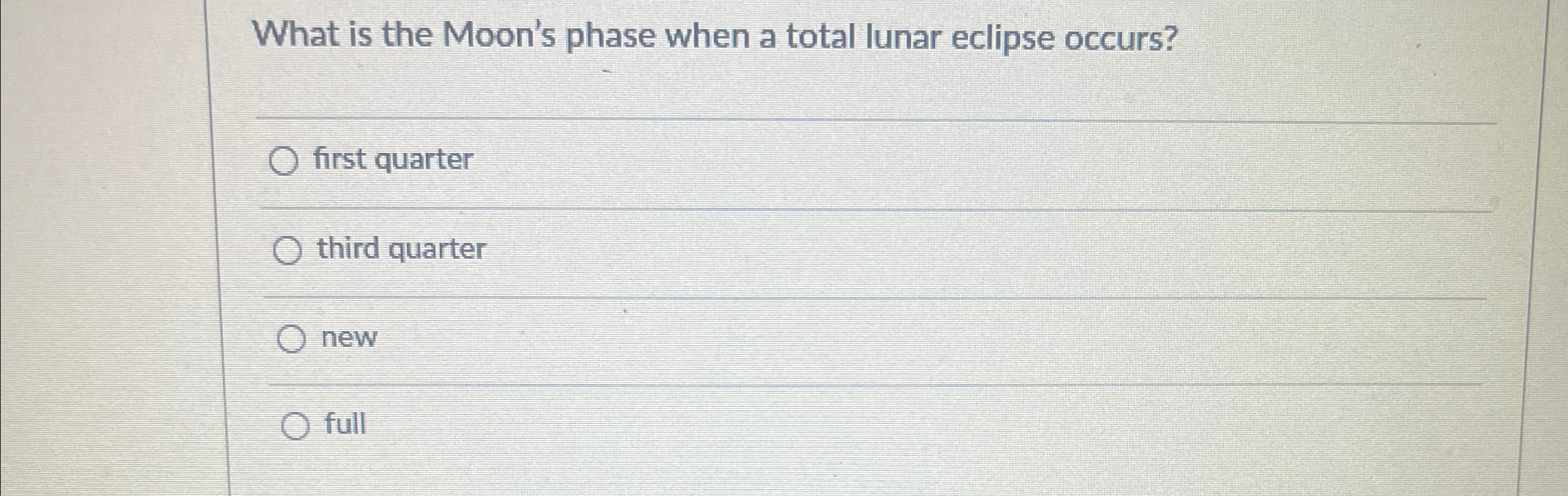 Solved What is the Moon's phase when a total lunar eclipse | Chegg.com