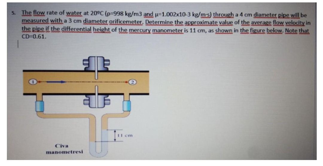 Solved 5. The flow rate of water at 20°C (p=998 kg/m3 and | Chegg.com