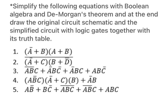 Solved *Simplify the following equations with Boolean | Chegg.com