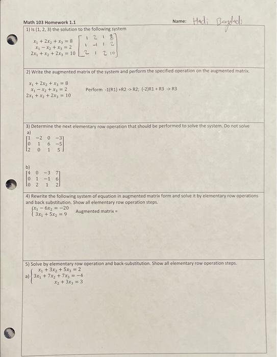 Solved 1) is (1,2,3) the solution to the following system | Chegg.com