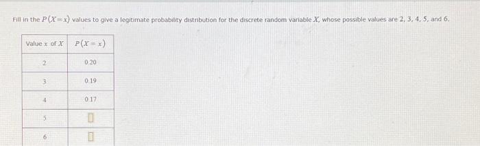Solved Fill in the P(X=x) values to give a legitimate | Chegg.com