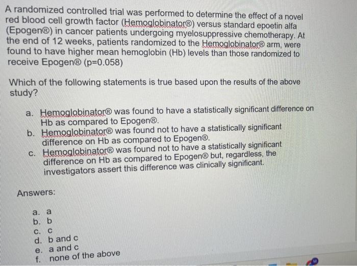 Solved A randomized controlled trial was performed to | Chegg.com