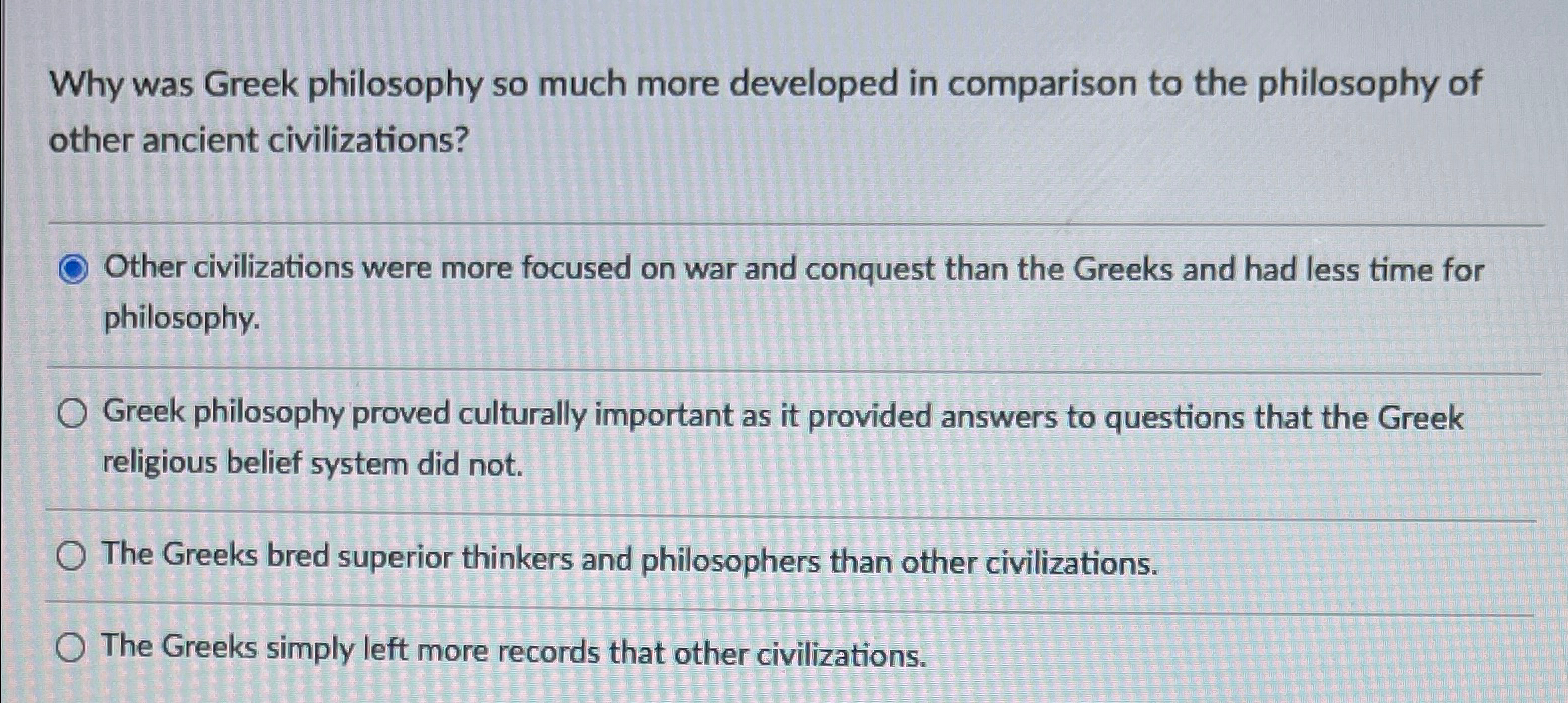 Solved Why was Greek philosophy so much more developed in | Chegg.com