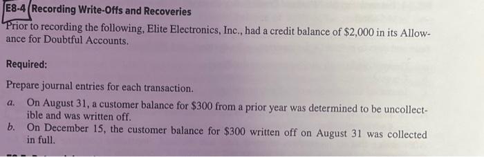 Solved E8-4 Recording Write-Offs and Recoveries Prior to | Chegg.com