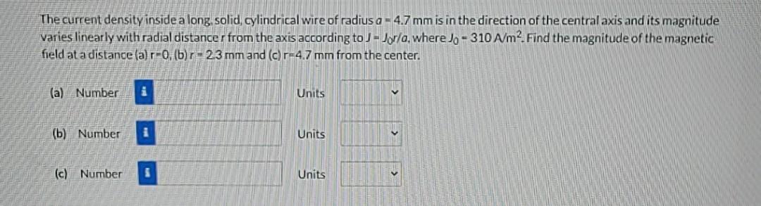 Solved The current density inside a long, solid, cylindrical | Chegg.com