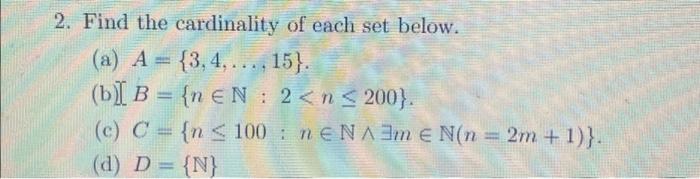 Solved 2. Find the cardinality of each set below. (a) A(3, | Chegg.com