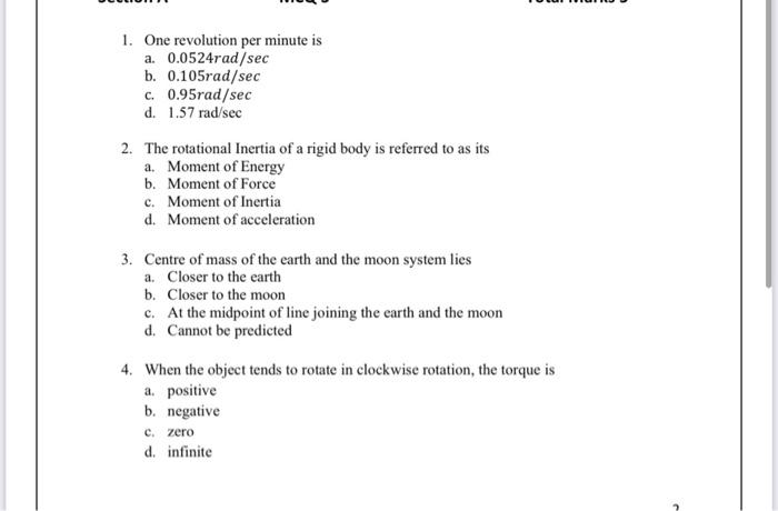 Solved 1. One revolution per minute is a. 0.0524rad/sec b. | Chegg.com