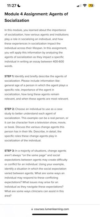 11:27 C Module 4 Assignment: Agents of Socialization | Chegg.com