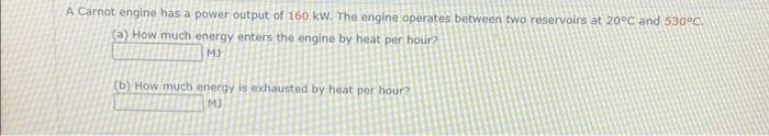 Solved A Carnot engine has a power output of 160 kW. The | Chegg.com