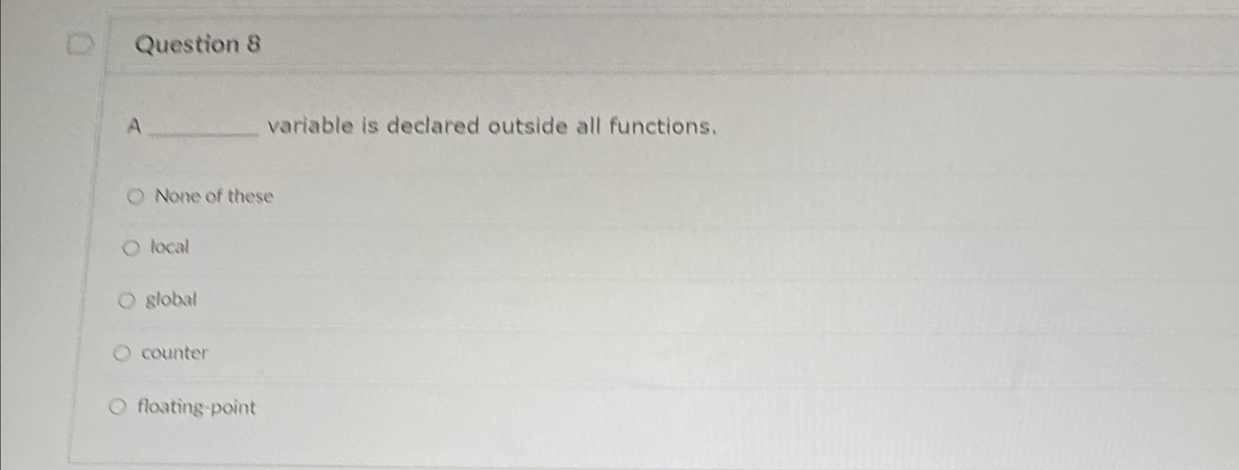 Solved Question 8A ﻿variable is declared outside all | Chegg.com