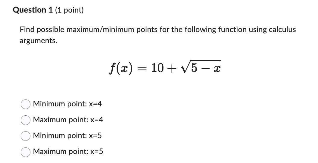 Solved Question 1 (1 ﻿point)Find possible maximum/minimum | Chegg.com