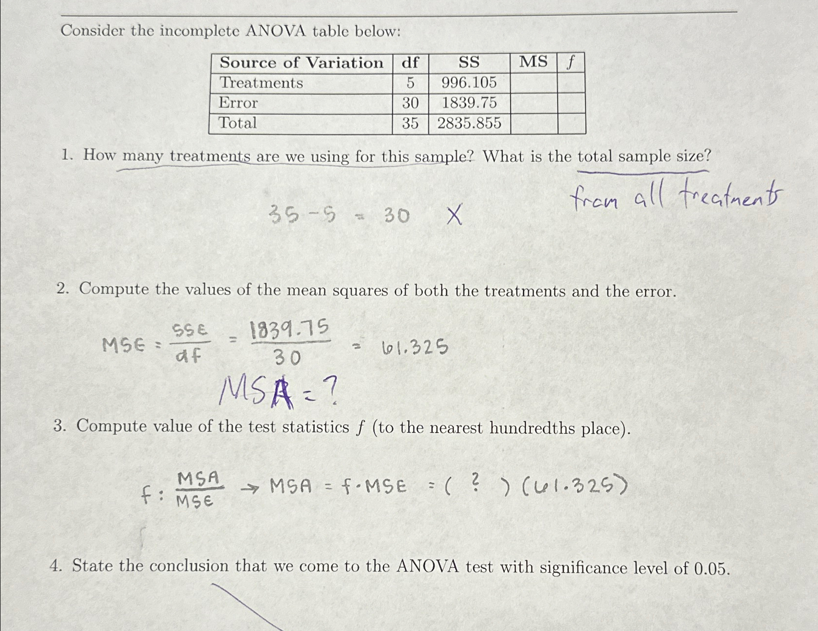 Solved Consider the incomplete ANOVA table | Chegg.com