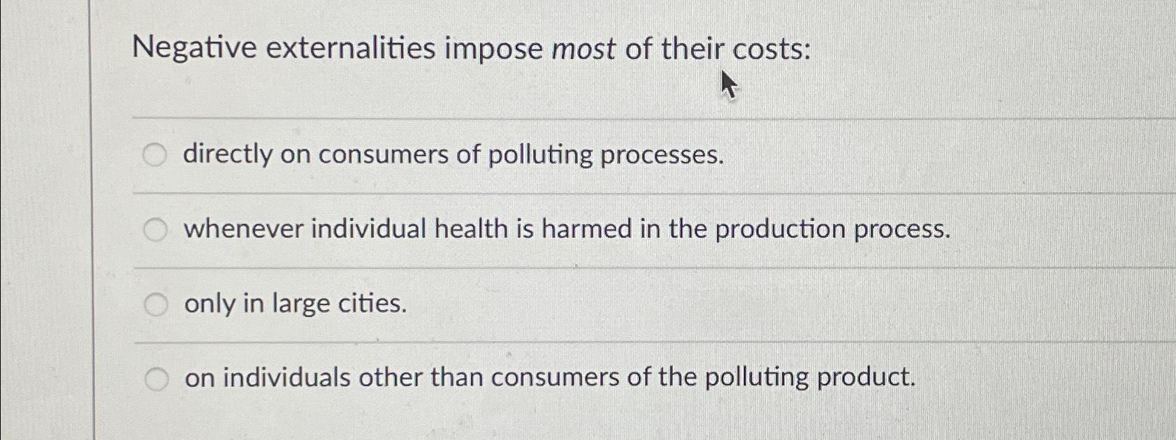 Solved Negative externalities impose most of their | Chegg.com