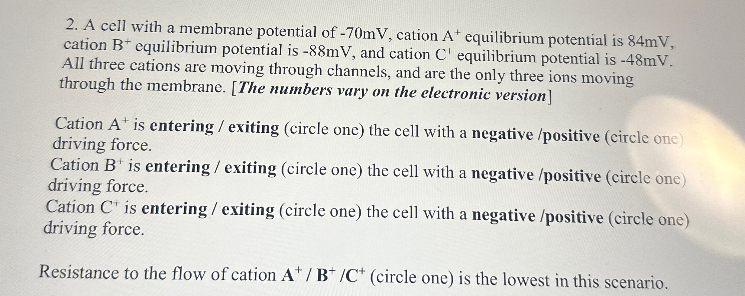 Solved A cell with a membrane potential of -70 ﻿mV , ﻿cation | Chegg.com