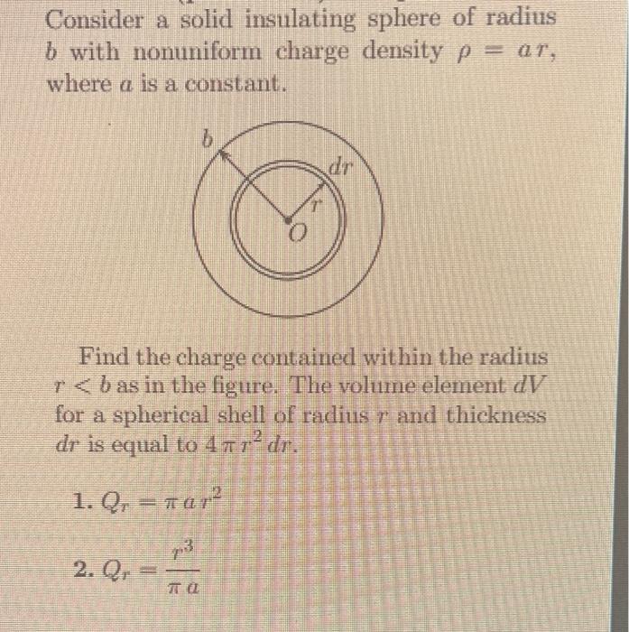 Solved Consider a solid insulating sphere of radius b with | Chegg.com
