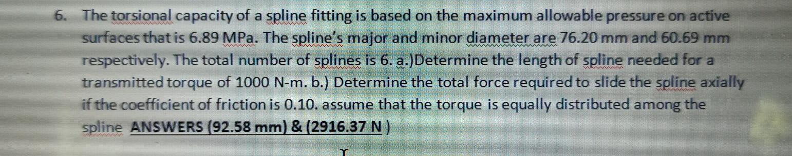 Solved 6. The torsional capacity of a spline fitting is | Chegg.com