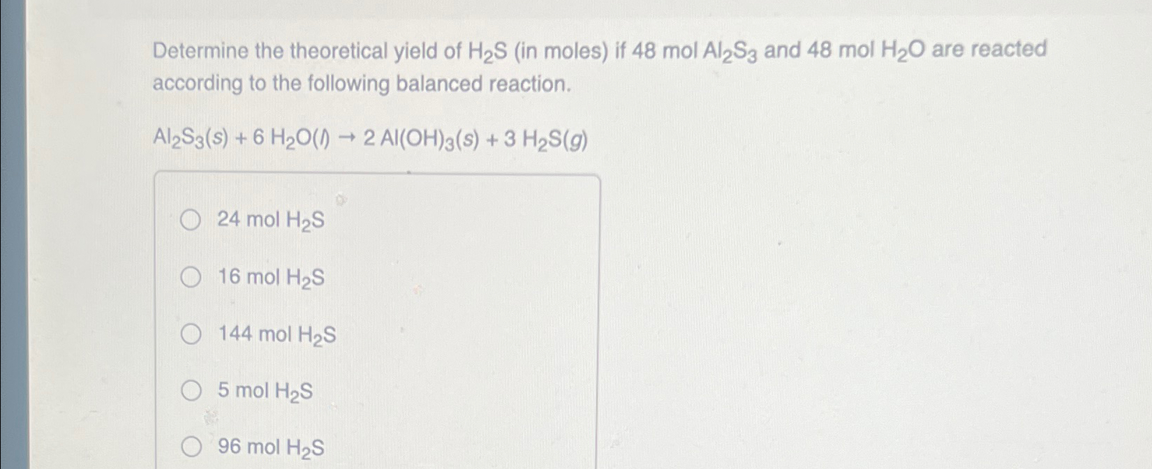 Determine the theoretical yield of H2S (in moles) ﻿if | Chegg.com