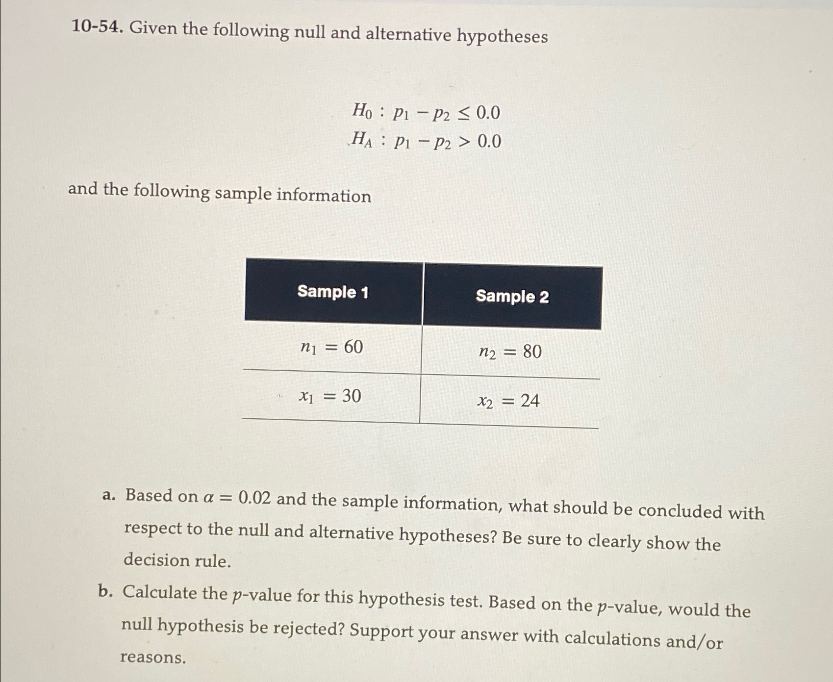Solved 10-54. ﻿Given the following null and alternative | Chegg.com