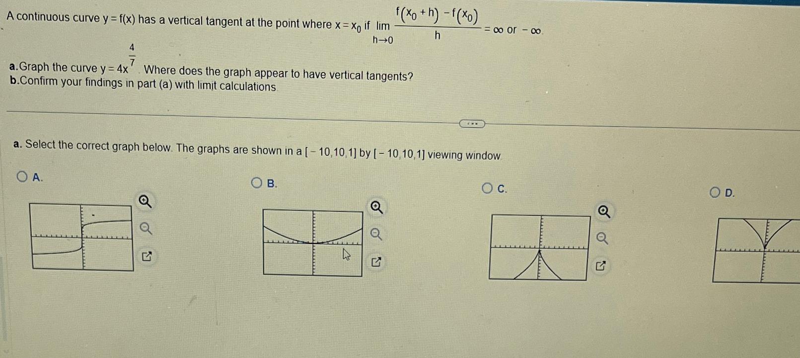 Solved A continuous curve y=f(x) has a vertical tangent at | Chegg.com