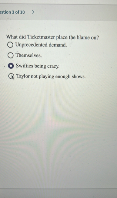 Solved astion 3 ﻿of 10What did Ticketmaster place the blame | Chegg.com