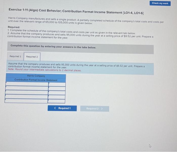 Solved Exercise 1-11 (Algo) Cost Behavior; Contribution | Chegg.com