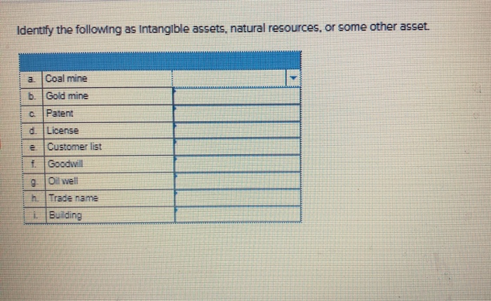 Solved Identify the following as Intangible assets, natural | Chegg.com