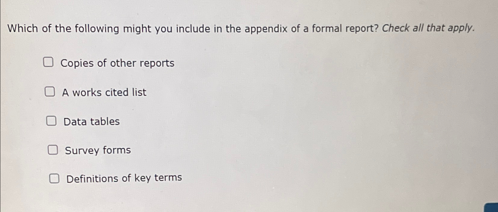 Solved Which of the following might you include in the | Chegg.com