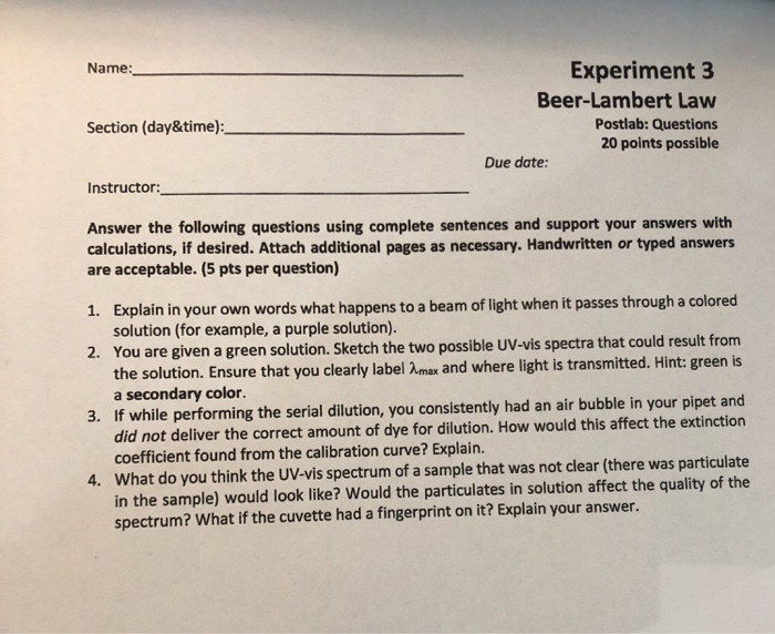 Solved Name: Experiment 3 Beer-Lambert Law Postlab: | Chegg.com