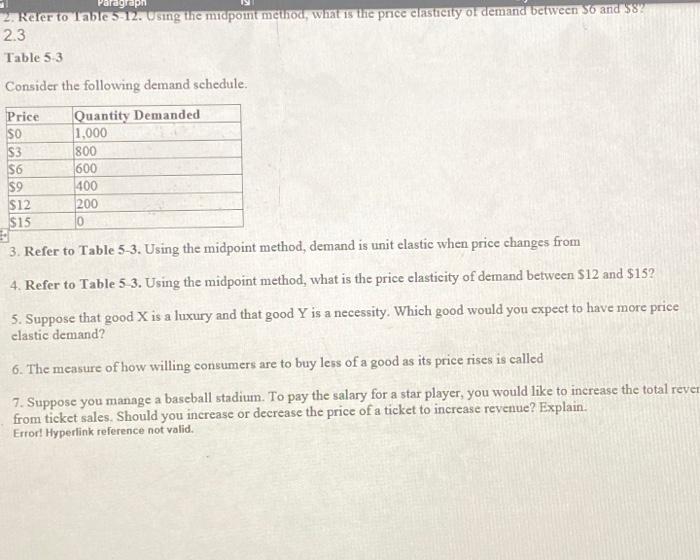 Solved 2.3 Table 5⋅3 Consider the following demand schedule. | Chegg.com