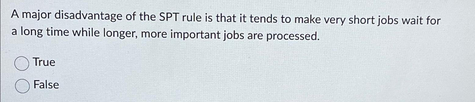 Solved A major disadvantage of the SPT rule is that it tends | Chegg.com