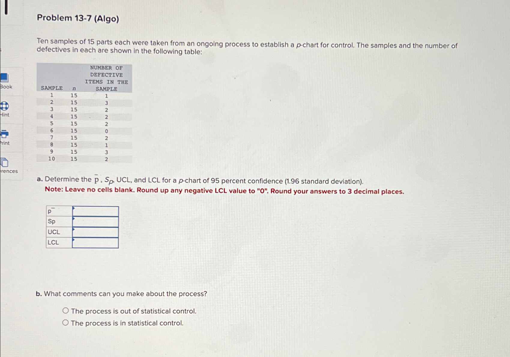 Solved Problem 13-7 (Algo)Ten samples of 15 ﻿parts each were | Chegg.com