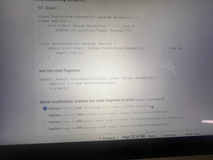 Solved 57. Given: elass FuelkotAvaliException extends | Chegg.com