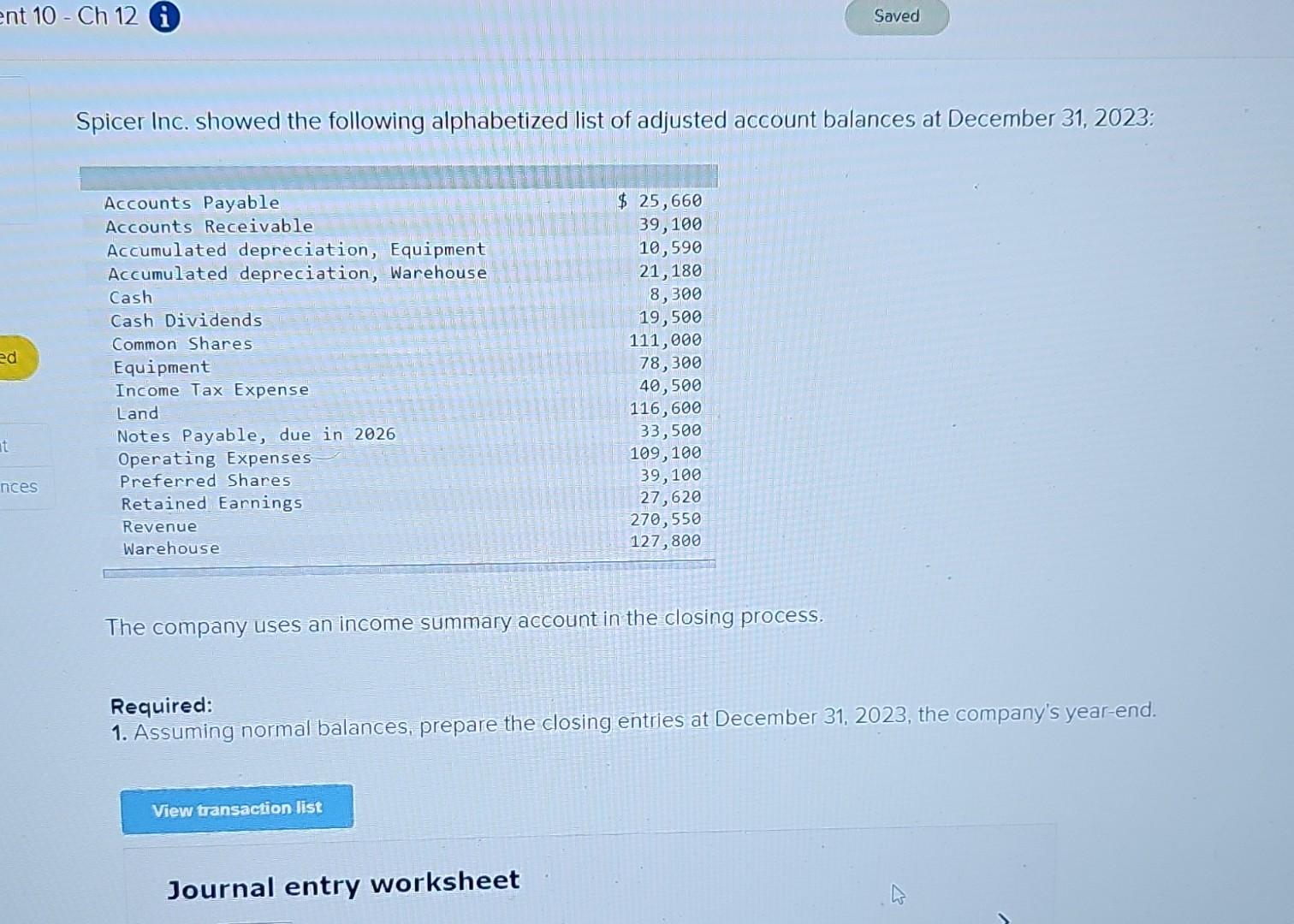 Solved Spicer Inc. showed the following alphabetized list of | Chegg.com