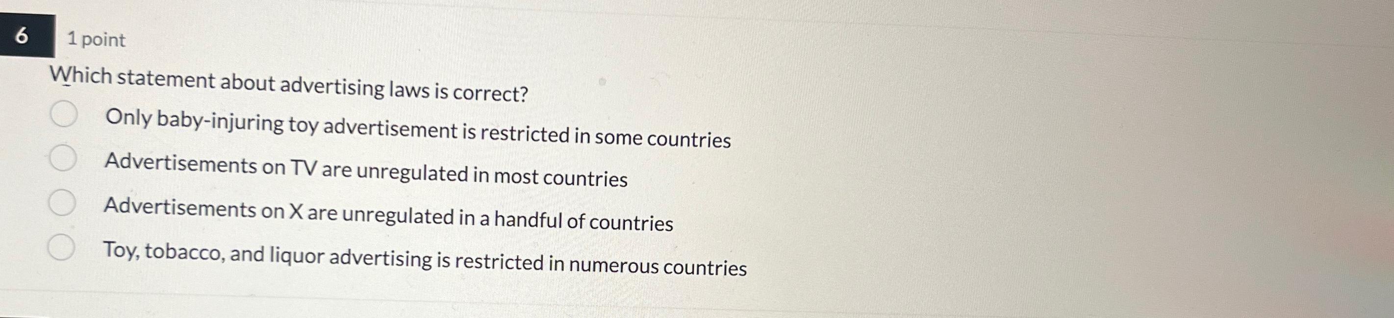 Solved 61 ﻿pointWhich statement about advertising laws is | Chegg.com