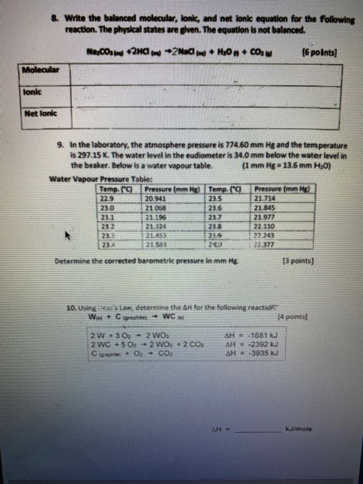 Solved 8. Write the balanced molecular, ionic, and net ionic | Chegg.com