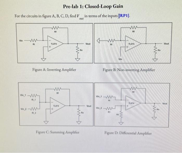 Solved Pre-lab 1: Closed-Loop Gain For the circuits in | Chegg.com