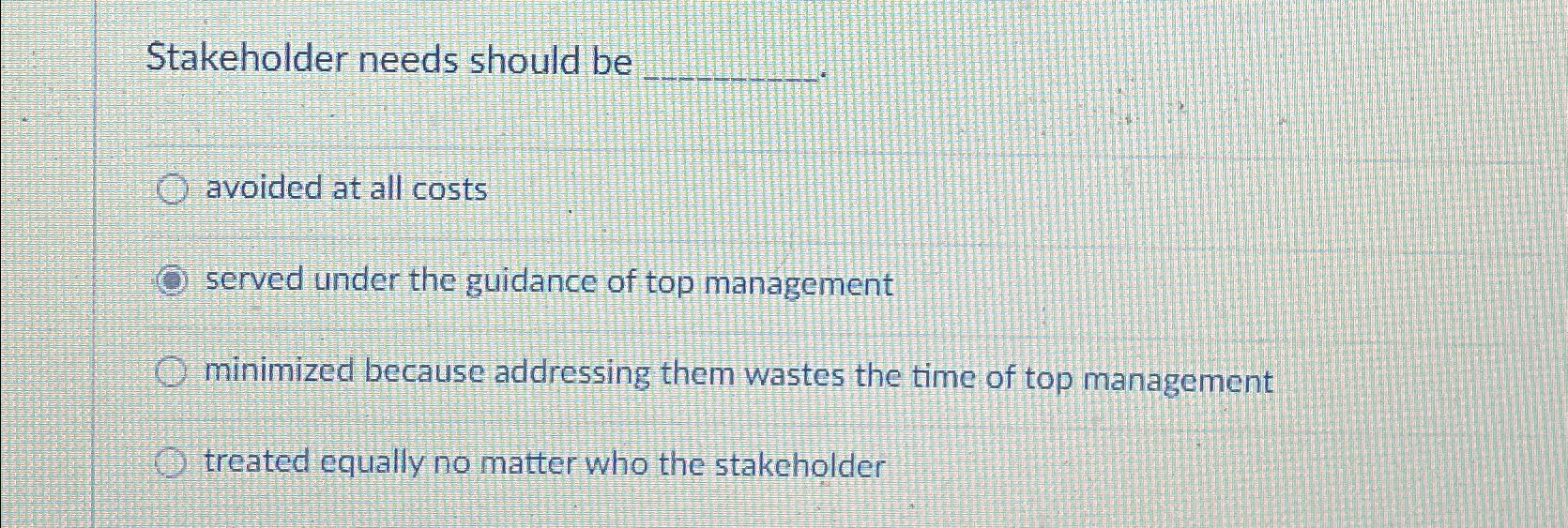 Solved Stakeholder needs should beavoided at all costsserved | Chegg.com