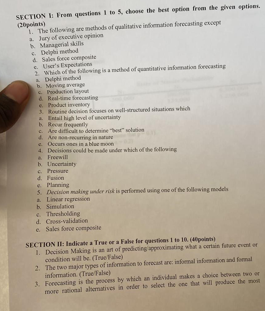 Solved SECTION I: From questions 1 ﻿to 5, ﻿choose the best | Chegg.com