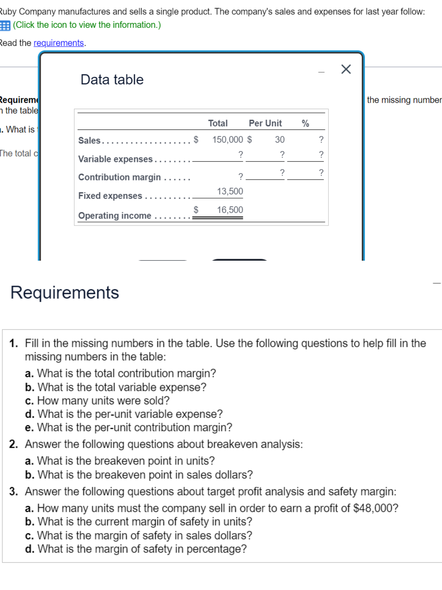 RequirementsFill in the missing numbers in the table. | Chegg.com