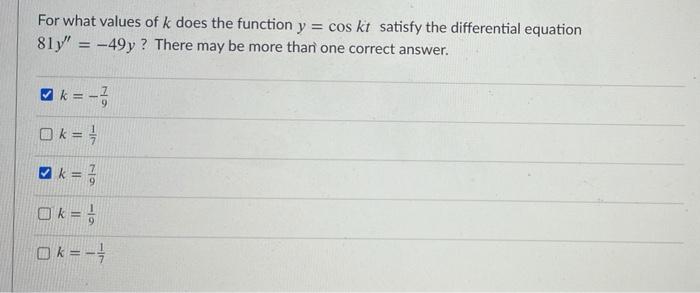 Solved For what values of k does the function y = cos kt | Chegg.com