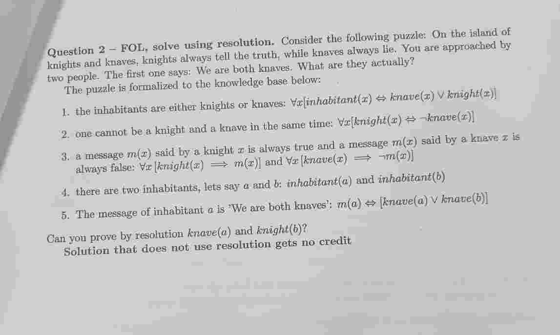 Solved Question 1 - PL, ﻿solve using resolution. A very | Chegg.com